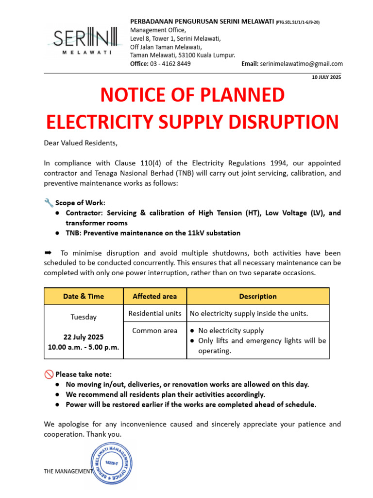 Notice - Planned Electricity Supply Disruption On 22 July 2025 | PDF