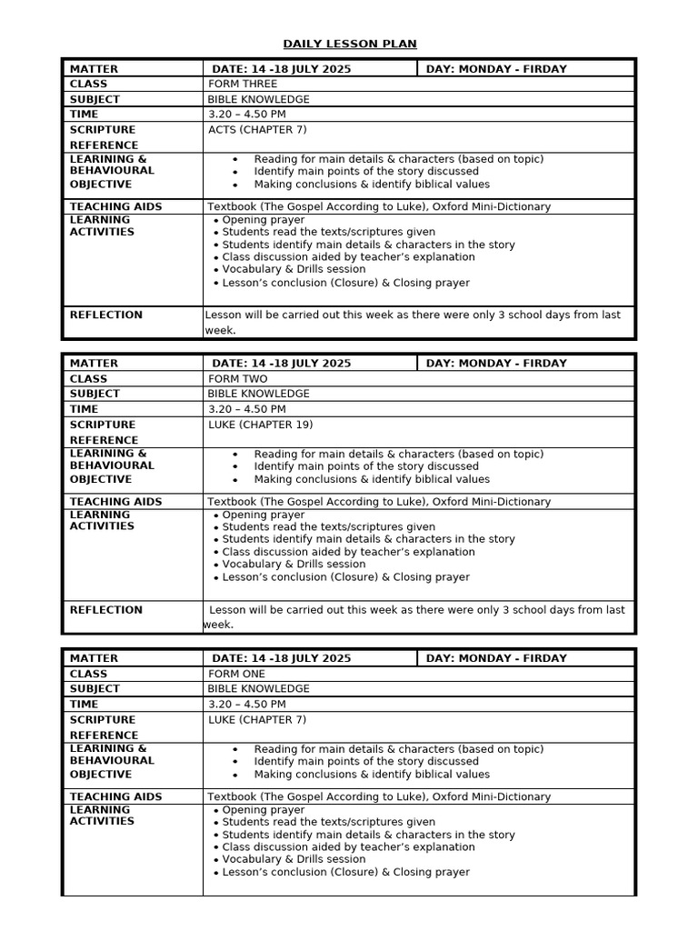 RPH BK (2025) Form 1-3 (Week 20) | PDF | Bible | Prayer