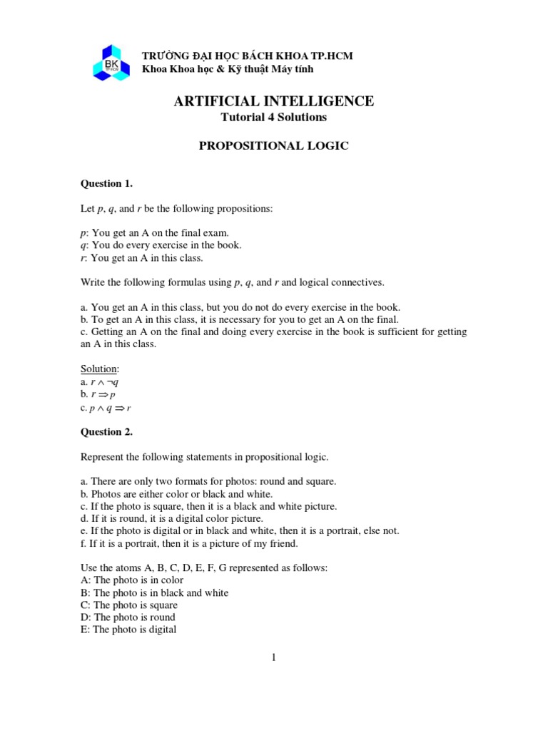 Artificial Intelligence: Tutorial 4 Solutions Propositional Logic ...