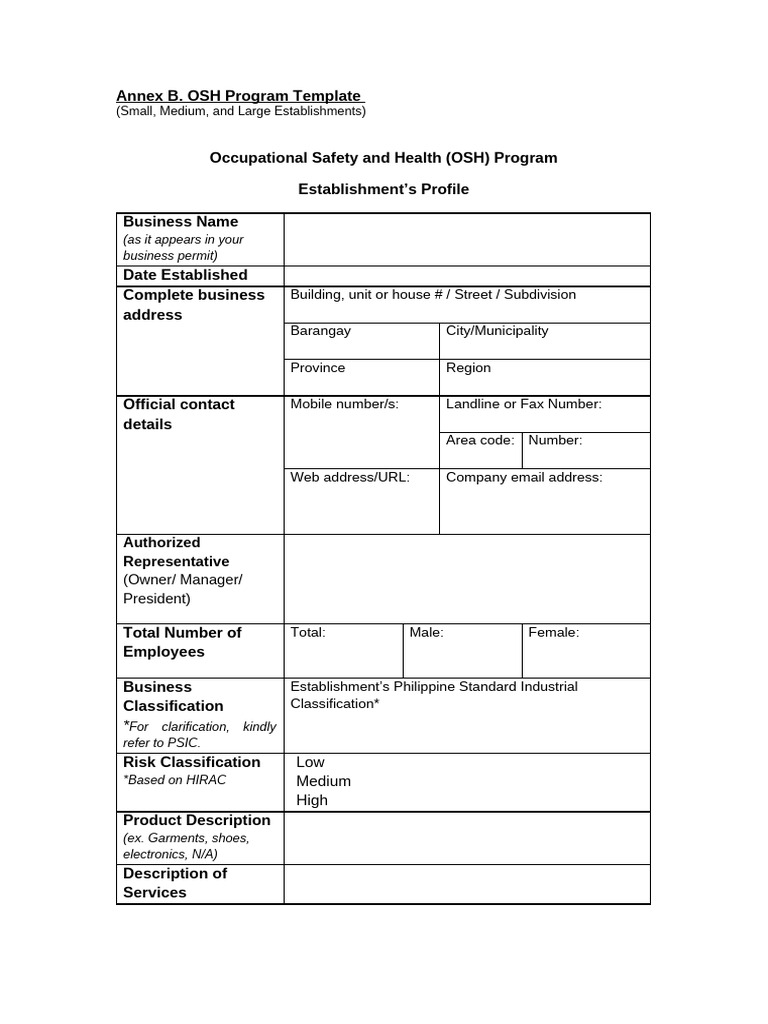 DOLE TEMPLATE Occupational Safety and Health OSH Program | PDF ...