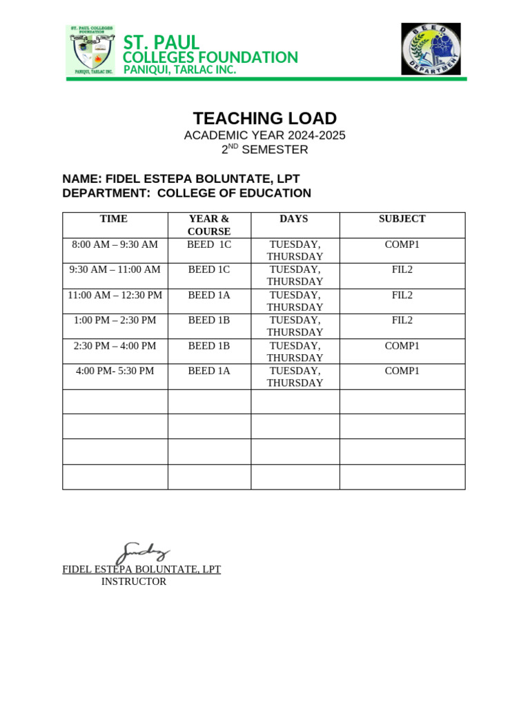 Teaching Schedule for Fidel Estepa 2024 | PDF
