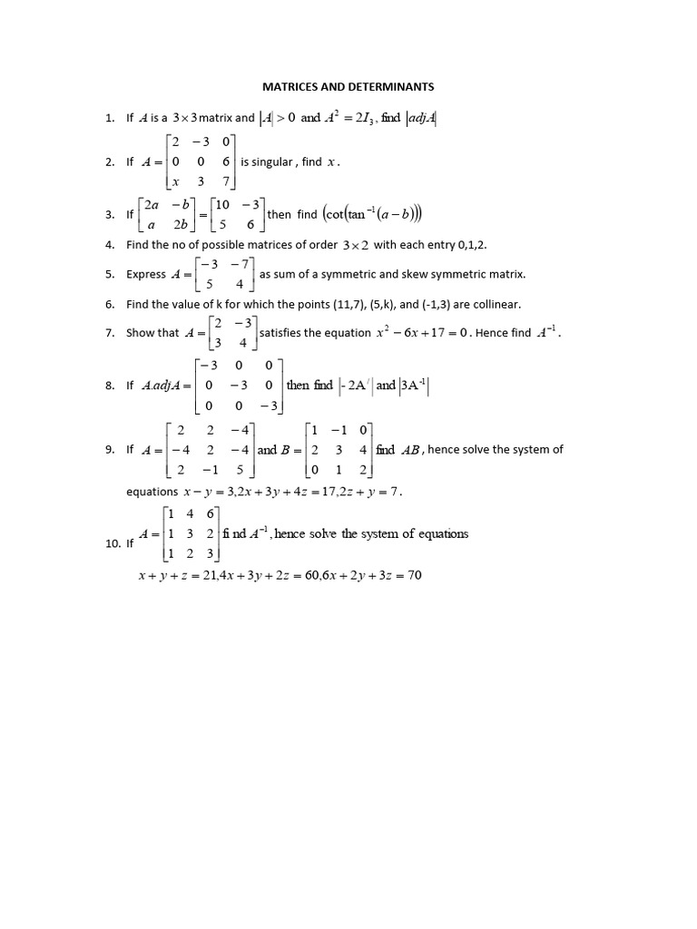 Matrices and Determinants Exercises | PDF