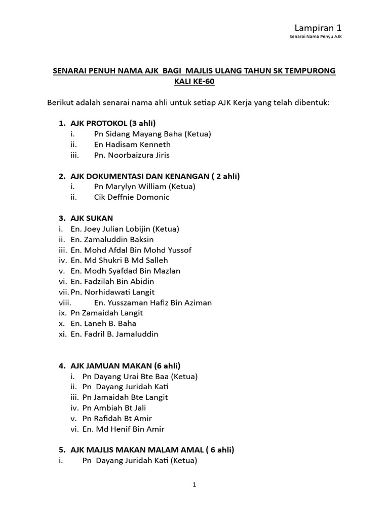 Senarai Penuh Nama Ajk Bagi Majlis Ulang Tahun SK Tempurong Kali Ke | PDF