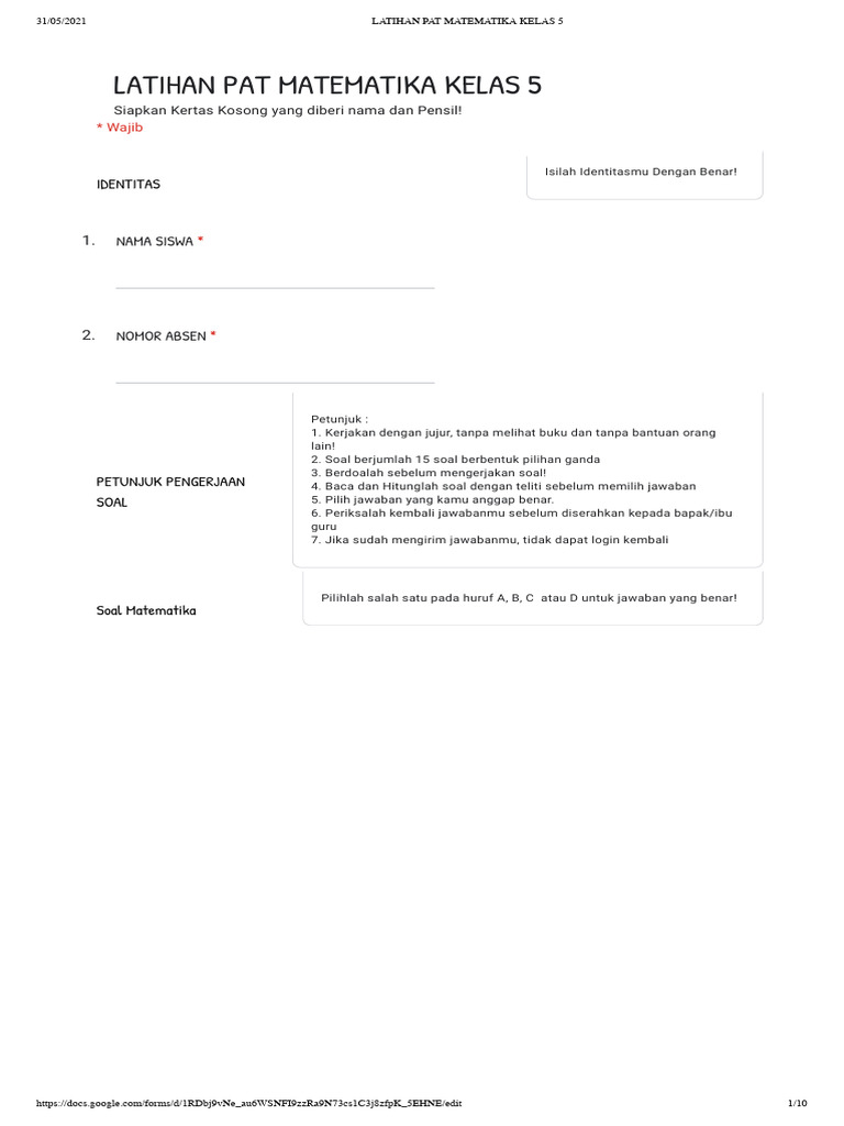 Latihan Pat MTK Kelas 5 - Google Formulir | PDF