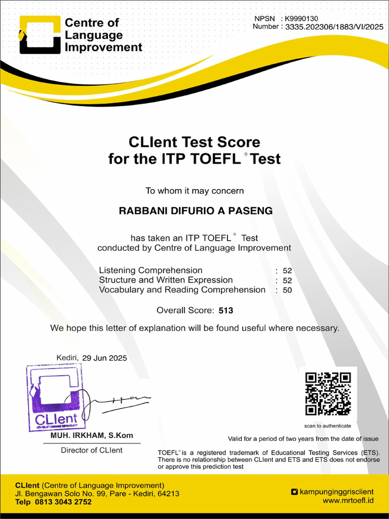 Sertifikat TOEFL Rabbani Difurio A Paseng | PDF