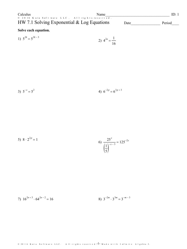 Calc HW7.1 Solving Exponential Log Equations 1mf6ycg+2 | PDF ...