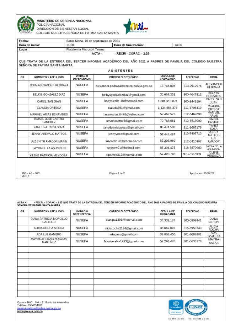 Acta ( ) Hoja de Firmas de La Entrega de Informe Academico (Tercer ...