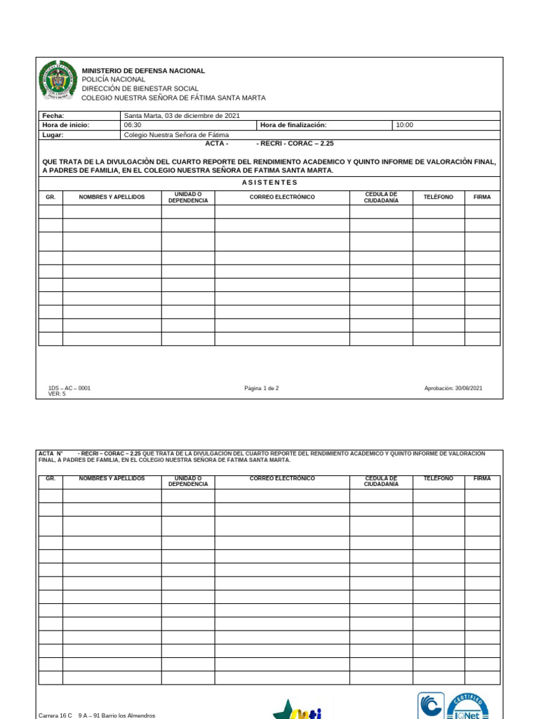 Acta ( ) Hoja de Firmas de La Entrega de Informe Academico (Cuarto ...