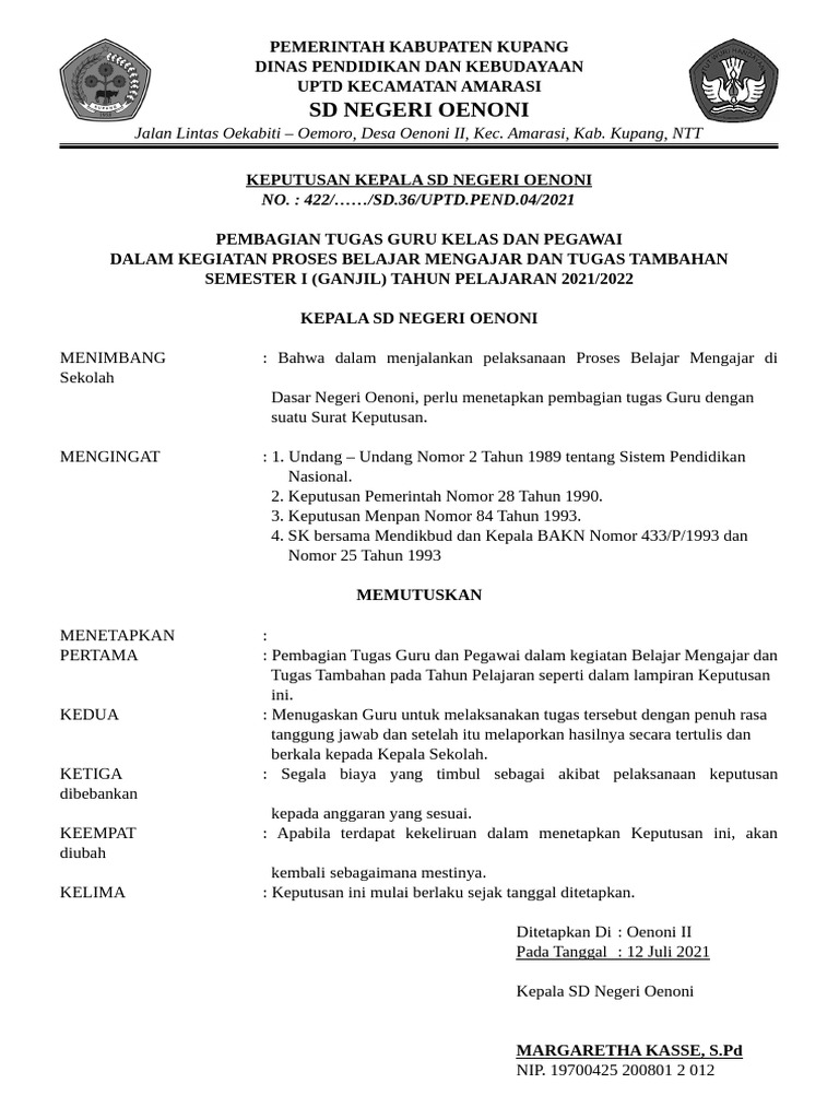SK Pembagian Tugas Mengajar 2021-2022 | PDF
