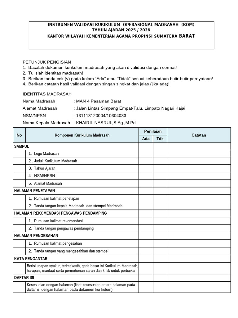 Instrumen Validasi Kurikulum Madrasah 2025 | PDF