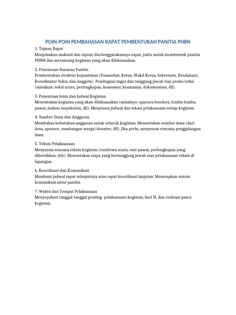 Poin Pembahasan Rapat Panitia PHBN | PDF
