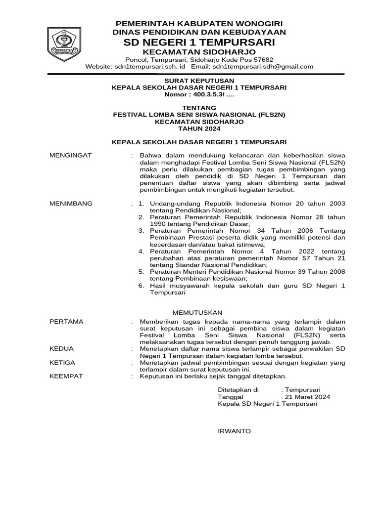Surat Tugas Lomba Fls2n - 2024 | PDF