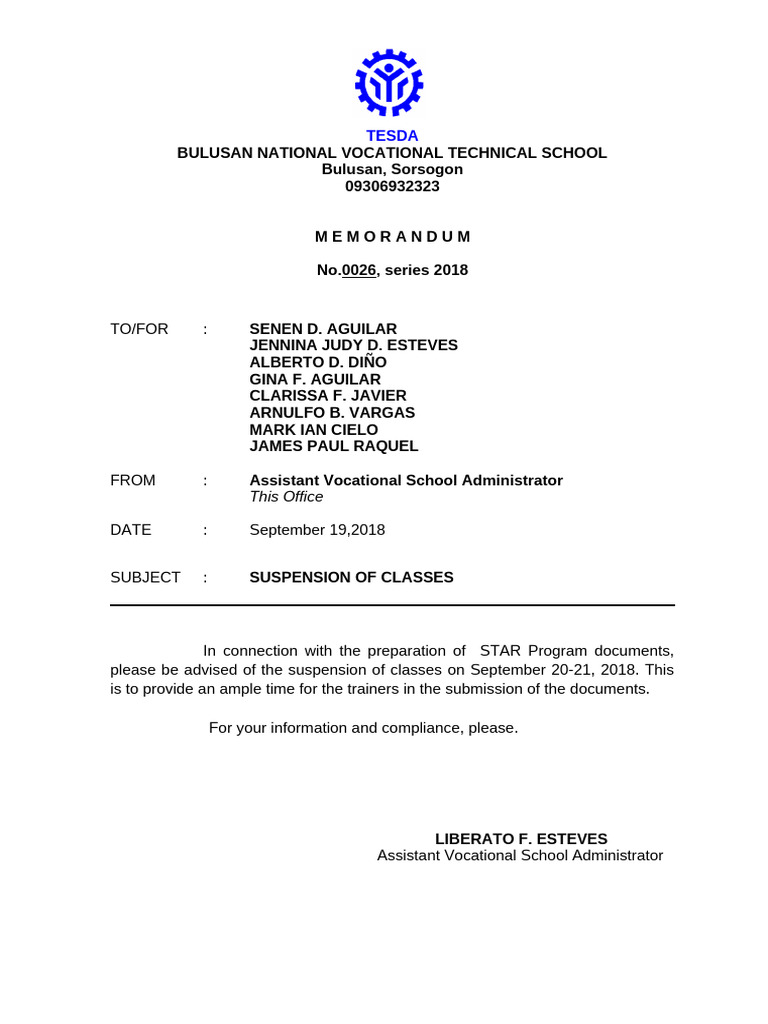 Suspension of Classes Memo - TESDA | PDF