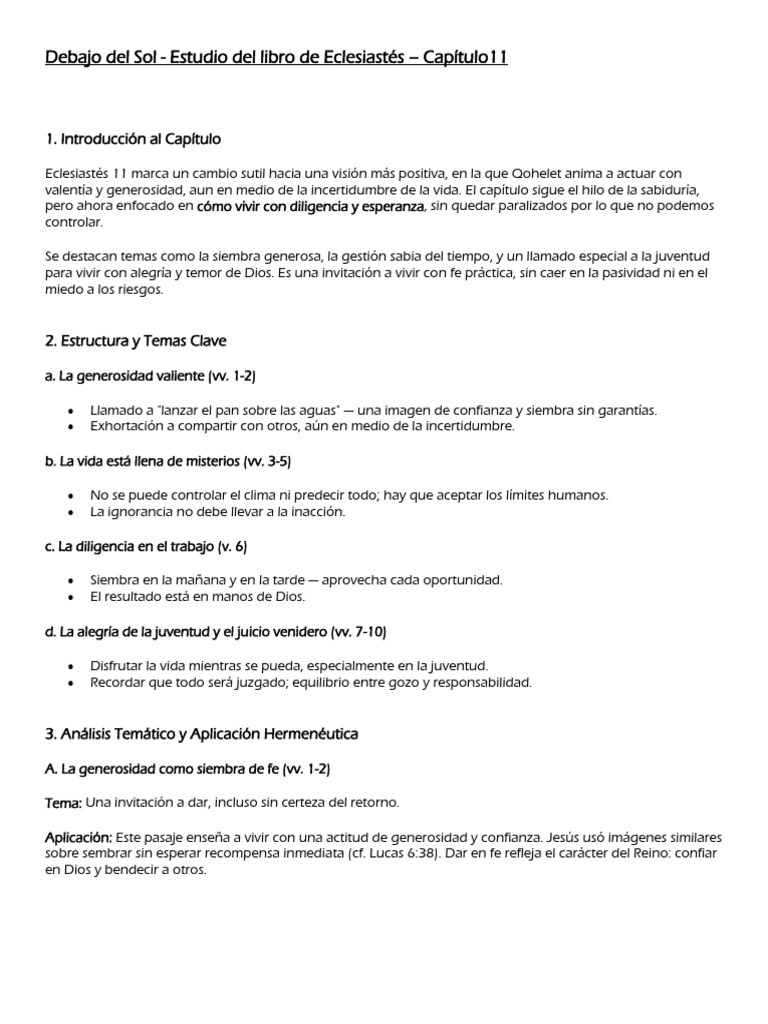 Debajo Del Sol - Estudio Del Libro de Eclesiastés - Capítulo 11 | PDF | Eclesiastés | Contenido ...