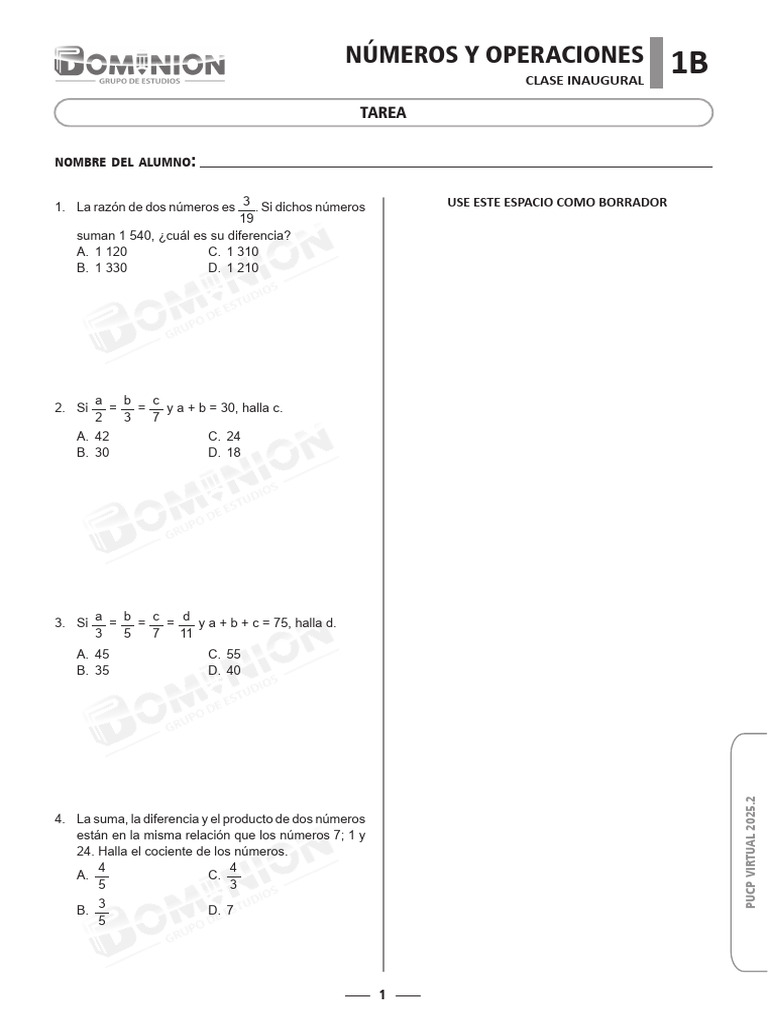 Números y Operaciones - Clase Inaugural 1B - Razones - Tarea | PDF