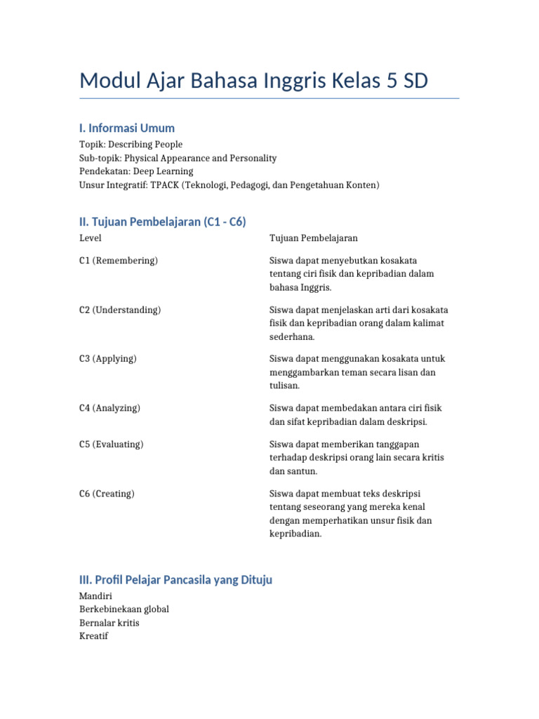 Modul Ajar Bahasa Inggris Kelas 5 SD | PDF