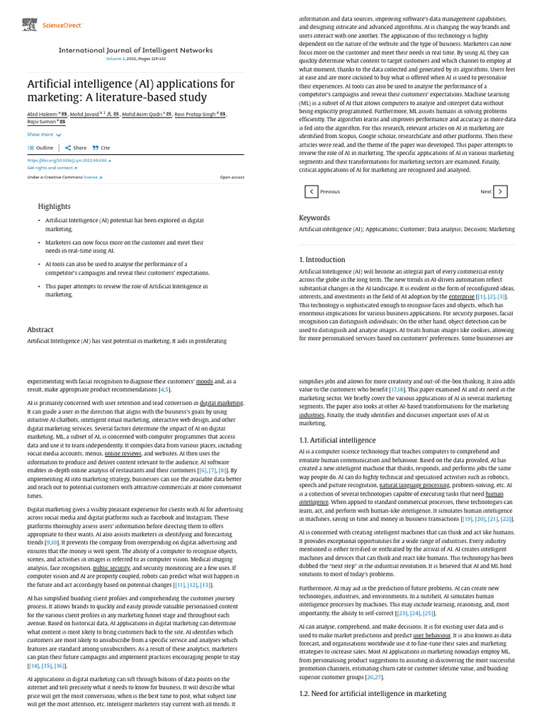 Artificial Intelligence (AI) Applications For Marketing - A Literature-Based Study ...