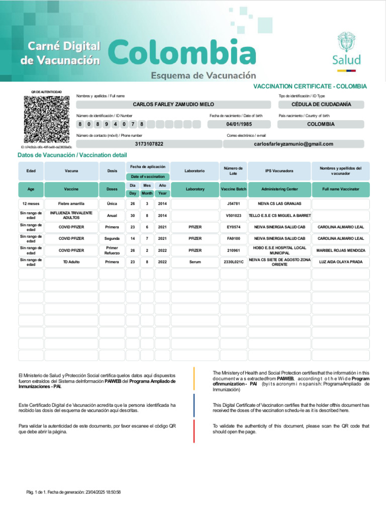 Vaccination Certificate - Colombia: Carlos Farley Zamudio Melo Cédula ...
