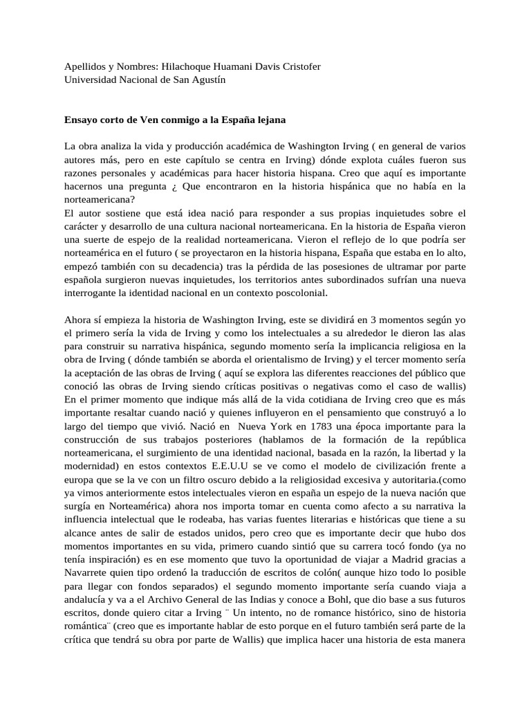 Ven Conmigo A La España Lejana Ensayo Corto | PDF | España | Educación ...