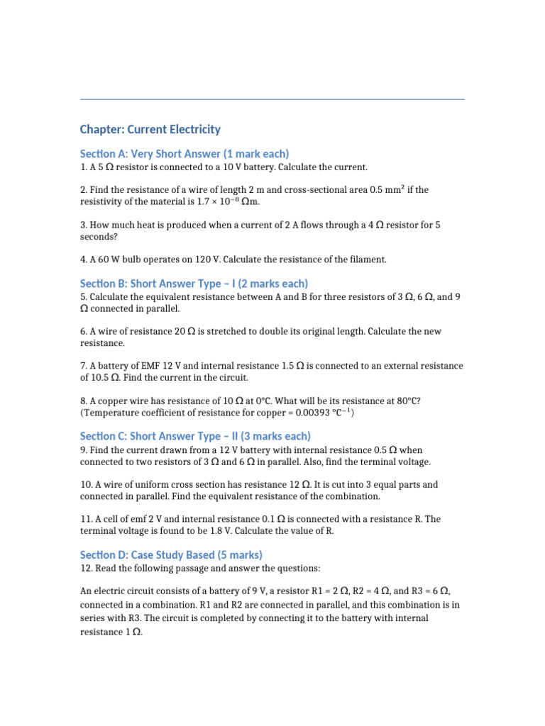 Current Electricity Numerical Test Class XII Print Friendly | PDF ...