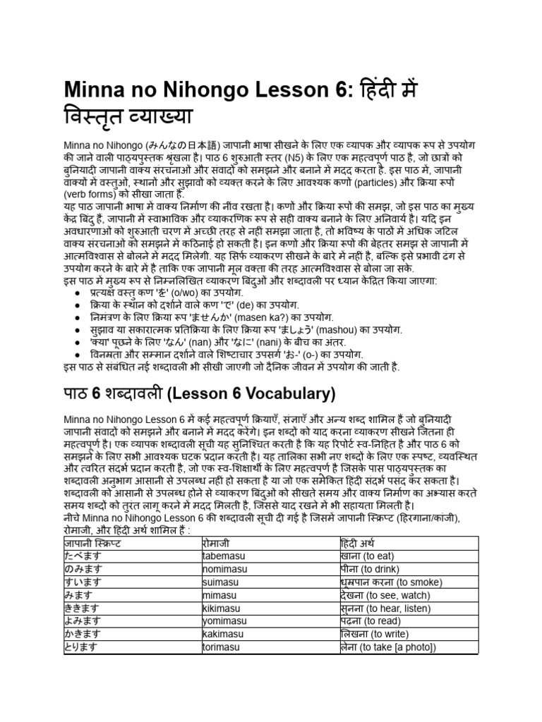 Minnano Nihongo Lesson 6 Hindi | PDF
