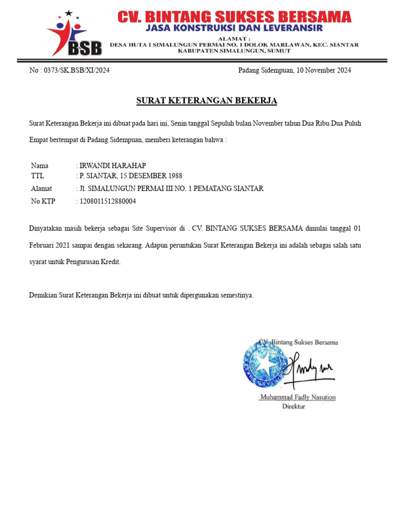 Surat Keterangan Bekerja Irwandi Harahap | PDF