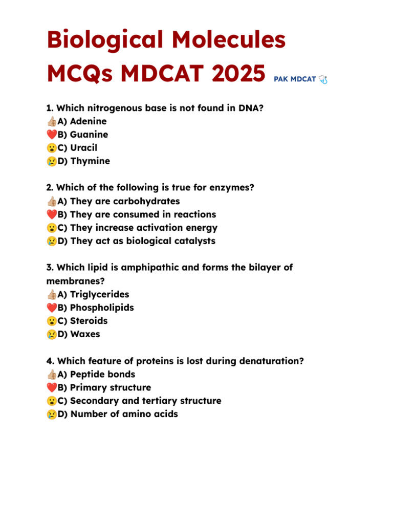 Bio Molecules MCQs MDCAT 2025 With Key and Explanation | PDF