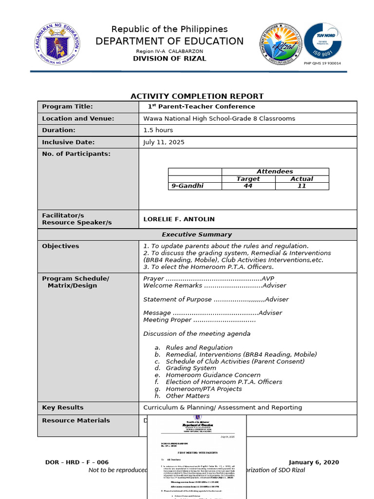 1st Parent-Teacher Conference Report | PDF