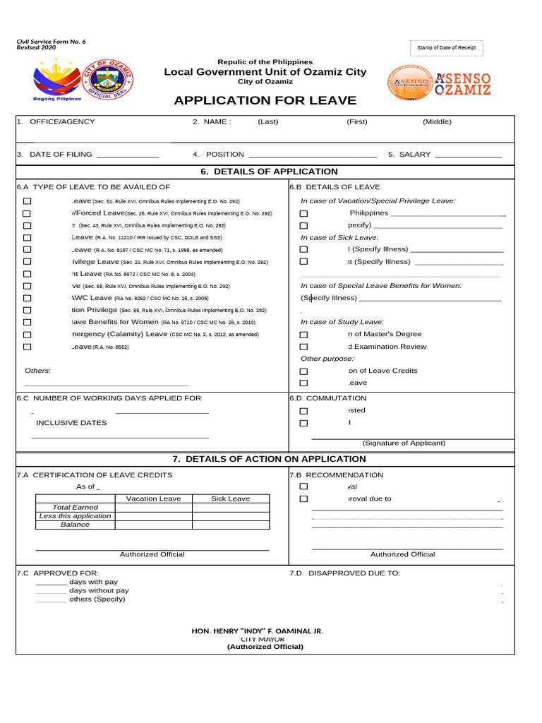 CS-Form-No-6-Revised-2020-Application-for-Leave - Blank Form | PDF | Parental Leave | Sick Leave