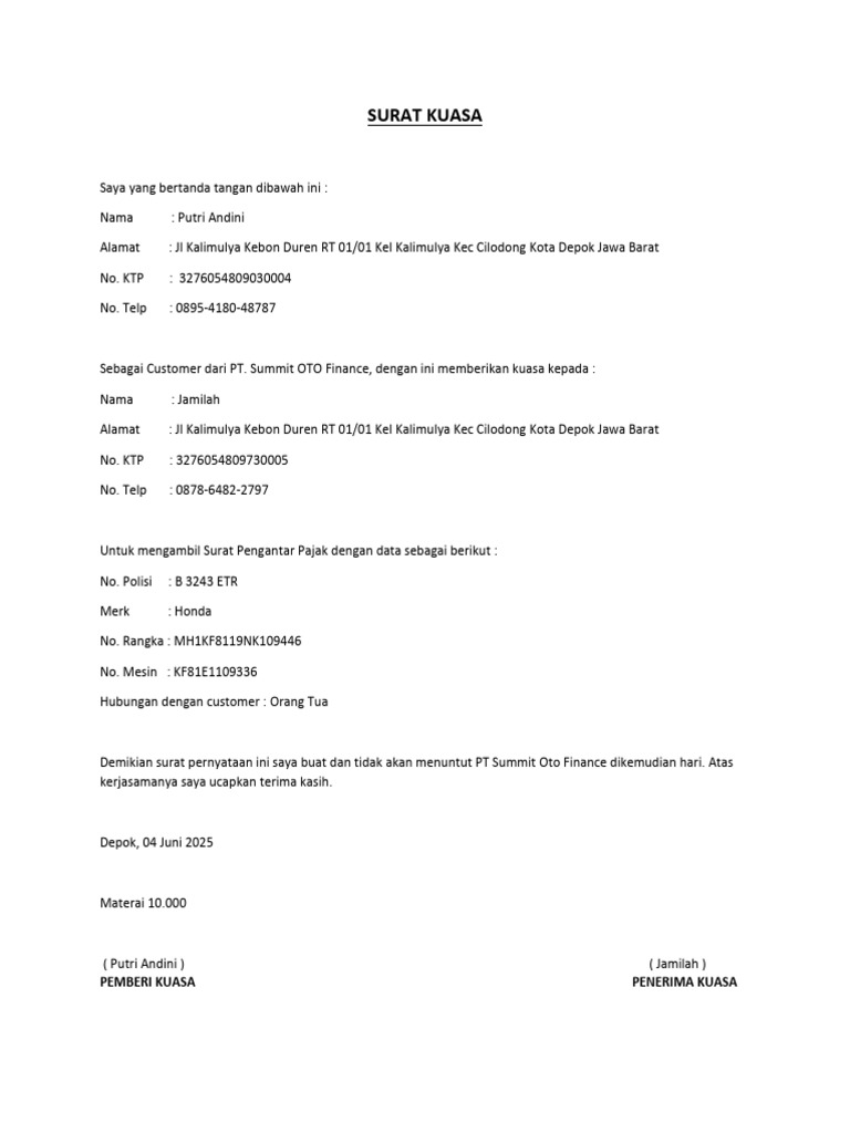 Surat Kuasa Putri Andini | PDF