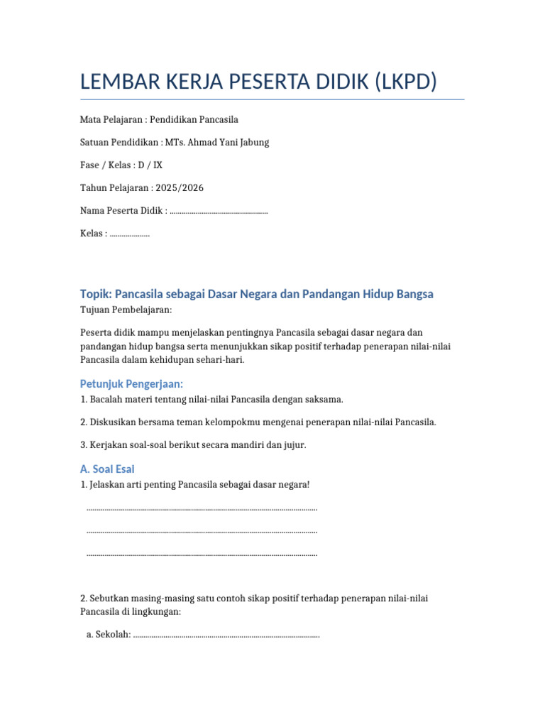 LKPD PPKN Kelas IX Topik Pancasila | PDF