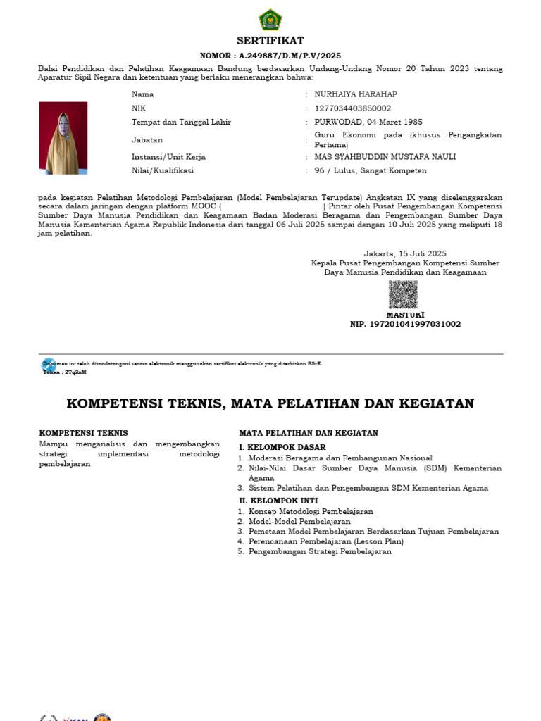 Sertifikat Pelatihan Metodologi Pembelajaran (Model Pembelajaran Terupdate) 16-07-2025 | PDF