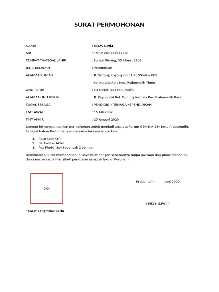 Surat Permohonan Anggota Forum Gtkhnk.1 | PDF