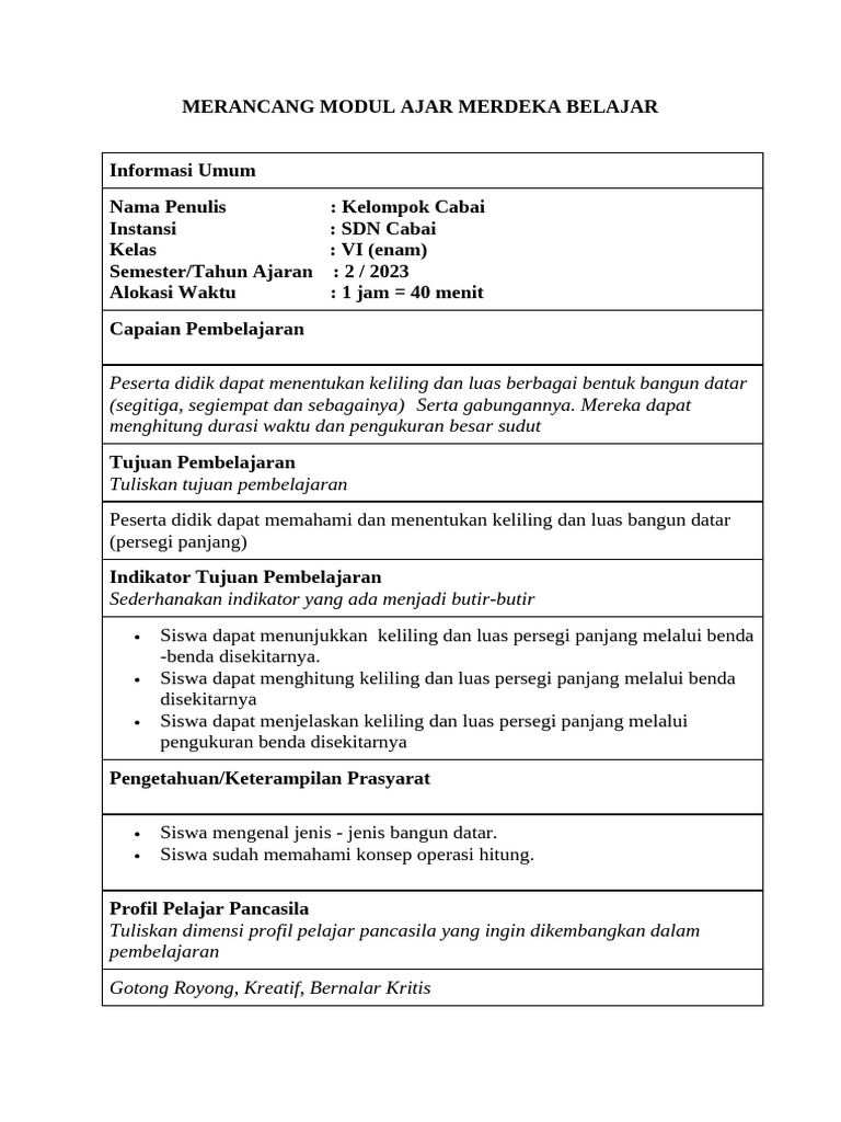 Merancang Modul Ajar Merdeka Belajar Kelas 6 | PDF