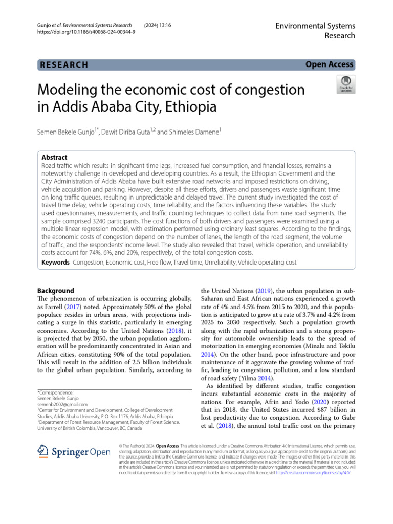 Economic Cost of Traffic Congestion in Addis Ababa | PDF | Regression ...