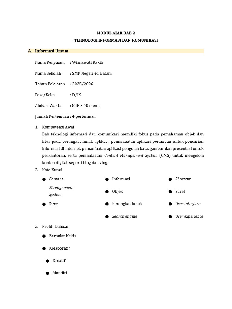 Modul Ajar TIK Kelas IX SMP 41 Batam | PDF