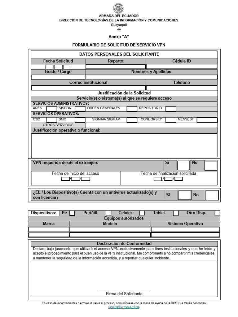 Solicitud de Servicio VPN Armada Ecuador | PDF | Red privada virtual ...