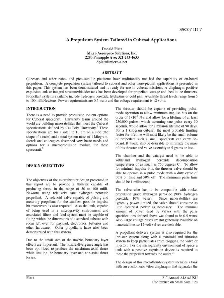 Cubesat Propulsion System Development | PDF | Spacecraft Propulsion ...