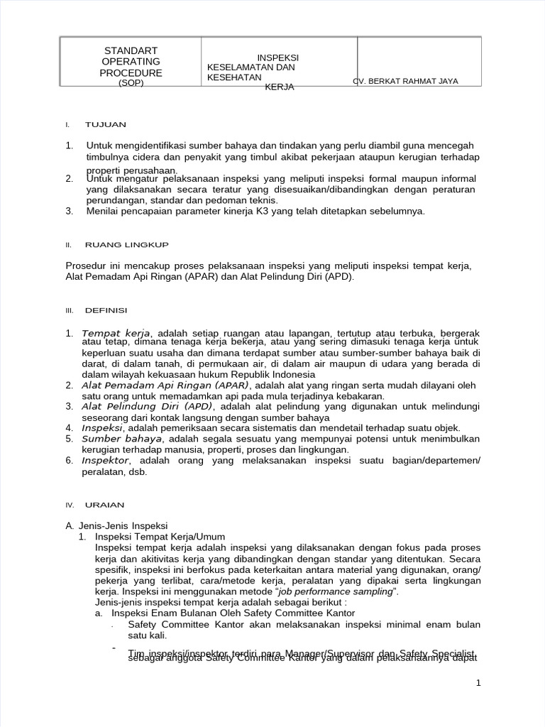 SOP Inspeksi K3 | PDF