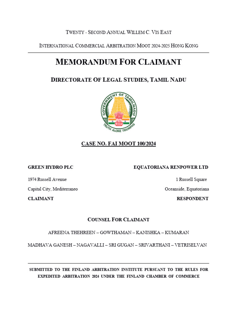 Claimant Memorandum for Vis Moot 2024 | PDF | Arbitration | Mediation
