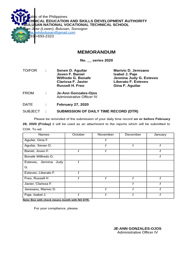 Memo No 8 S 2020 - Submission of DTR | PDF