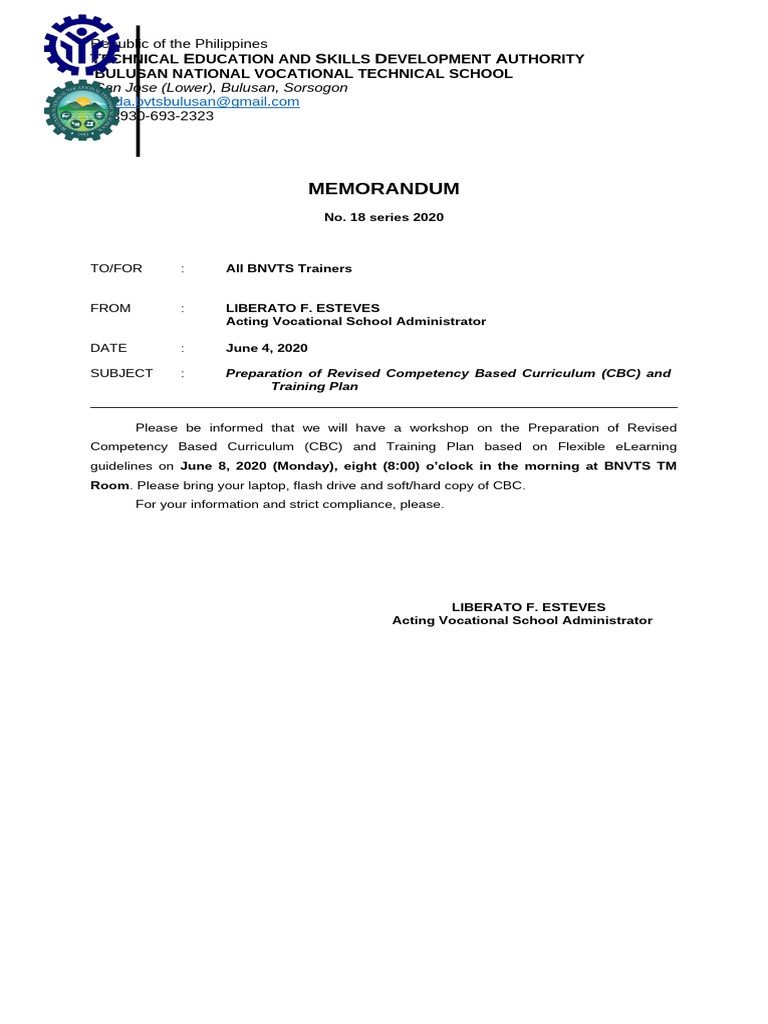 Memo No 18 S 2020 - Workshop On CBC | PDF