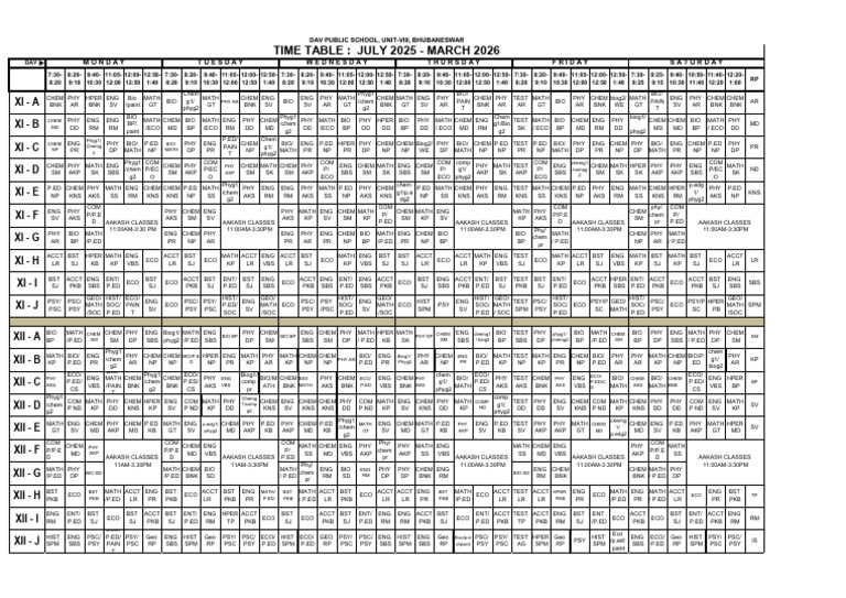 Xi & Xii Timetable 2025-26 | PDF