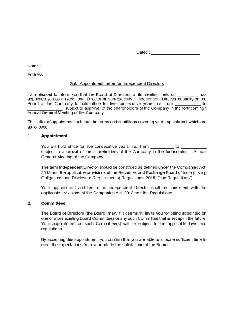 Appointment Letter For Id | PDF | Board Of Directors | Insurance