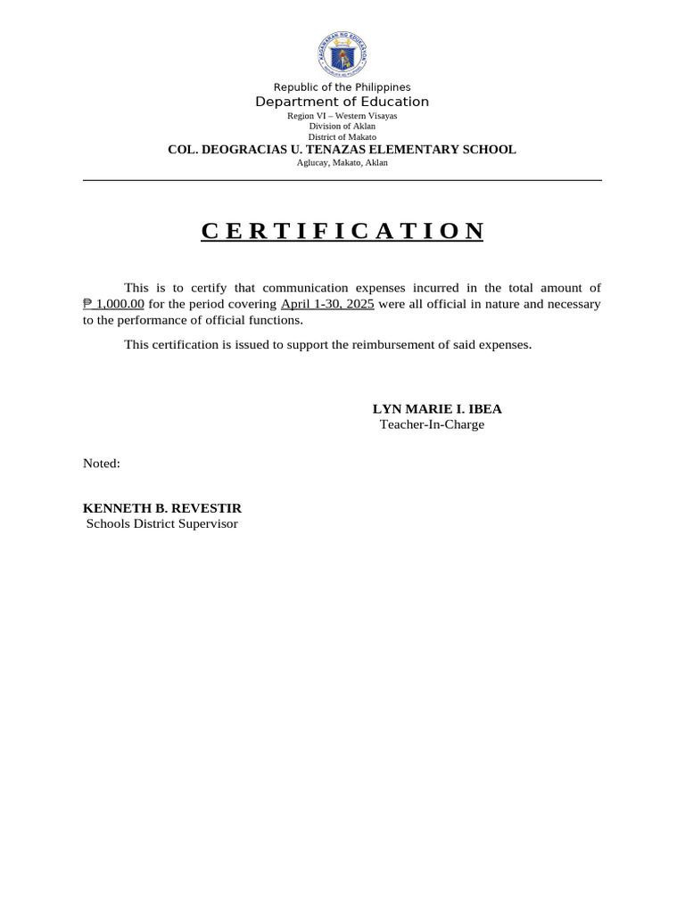 Certification of Official Communication Expenses | PDF