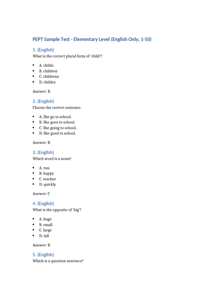 PEPT English Elementary Sample Test 1-50 | PDF | English Language | Plural