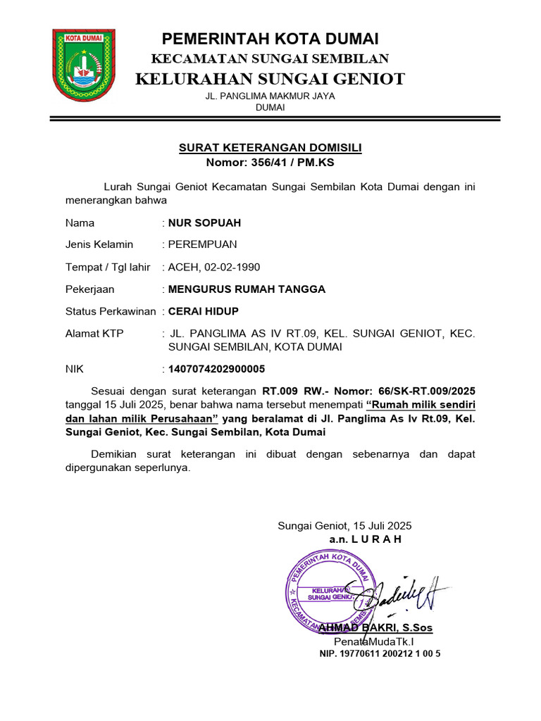 Surat Keterangan Domisili Sungai Geniot | PDF