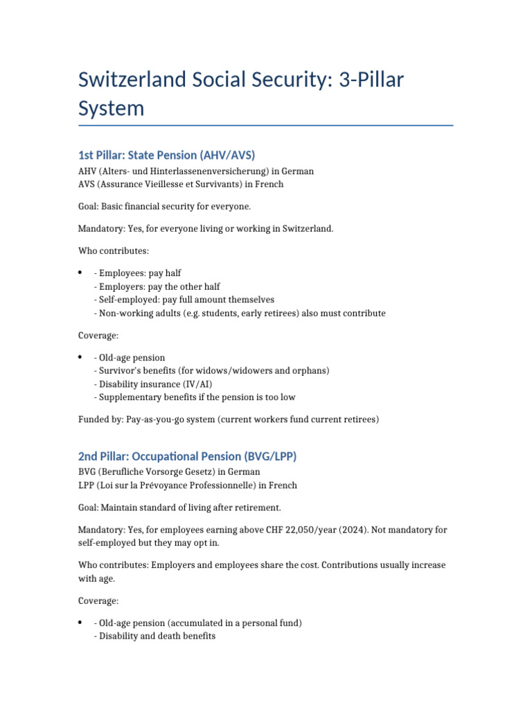 Swiss 3 Pillar Social Security System | PDF | Pension | Personal Finance