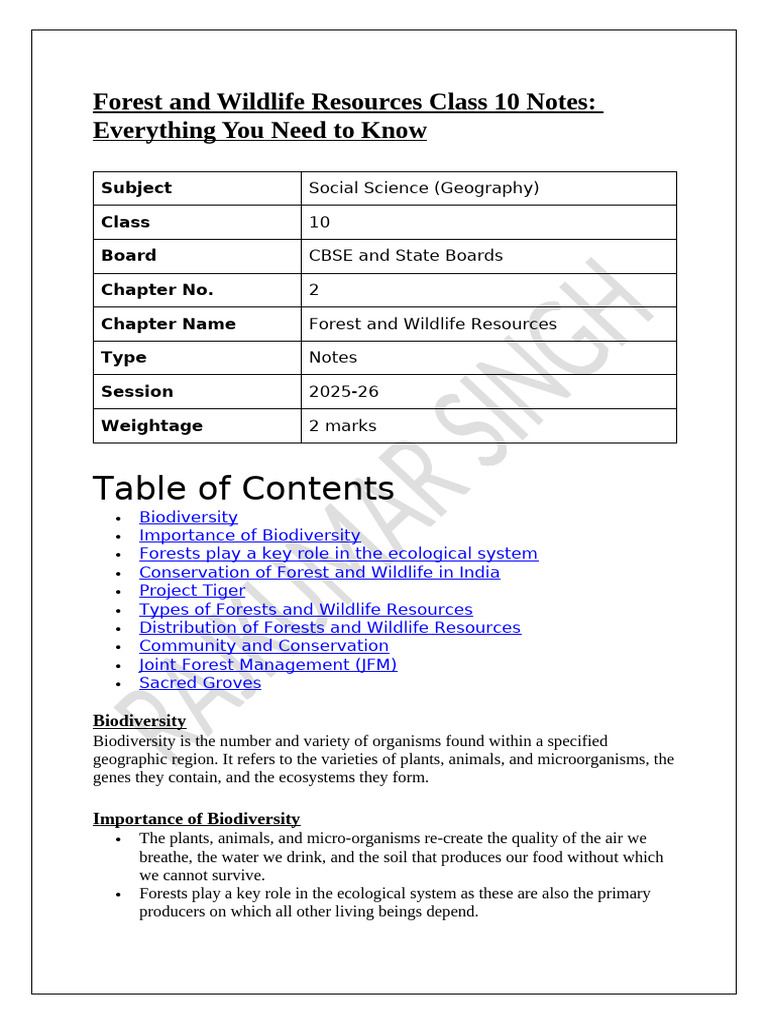Class 10 Forest and Wildlife Notes | PDF | Biodiversity | Conservation ...