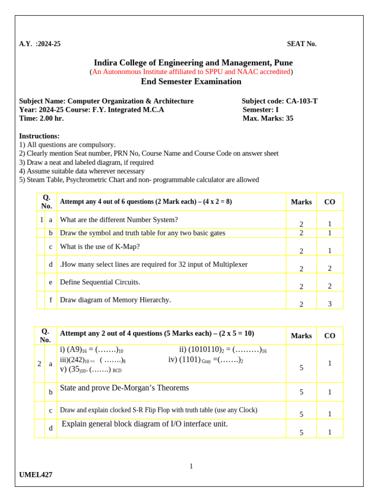 Computer Organisation and Architecture Endsem Question Paper | PDF | Computer Architecture ...